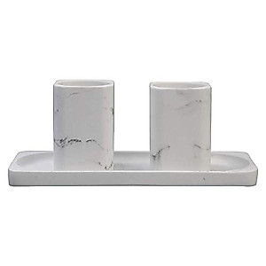 Besdor Bathroom Accessories Set Complete 3 Pieces Resin Marble Pattern 1 Vanity Tray and 2 Tumbler Cup Desk Organizer Makeup Brush Holder White