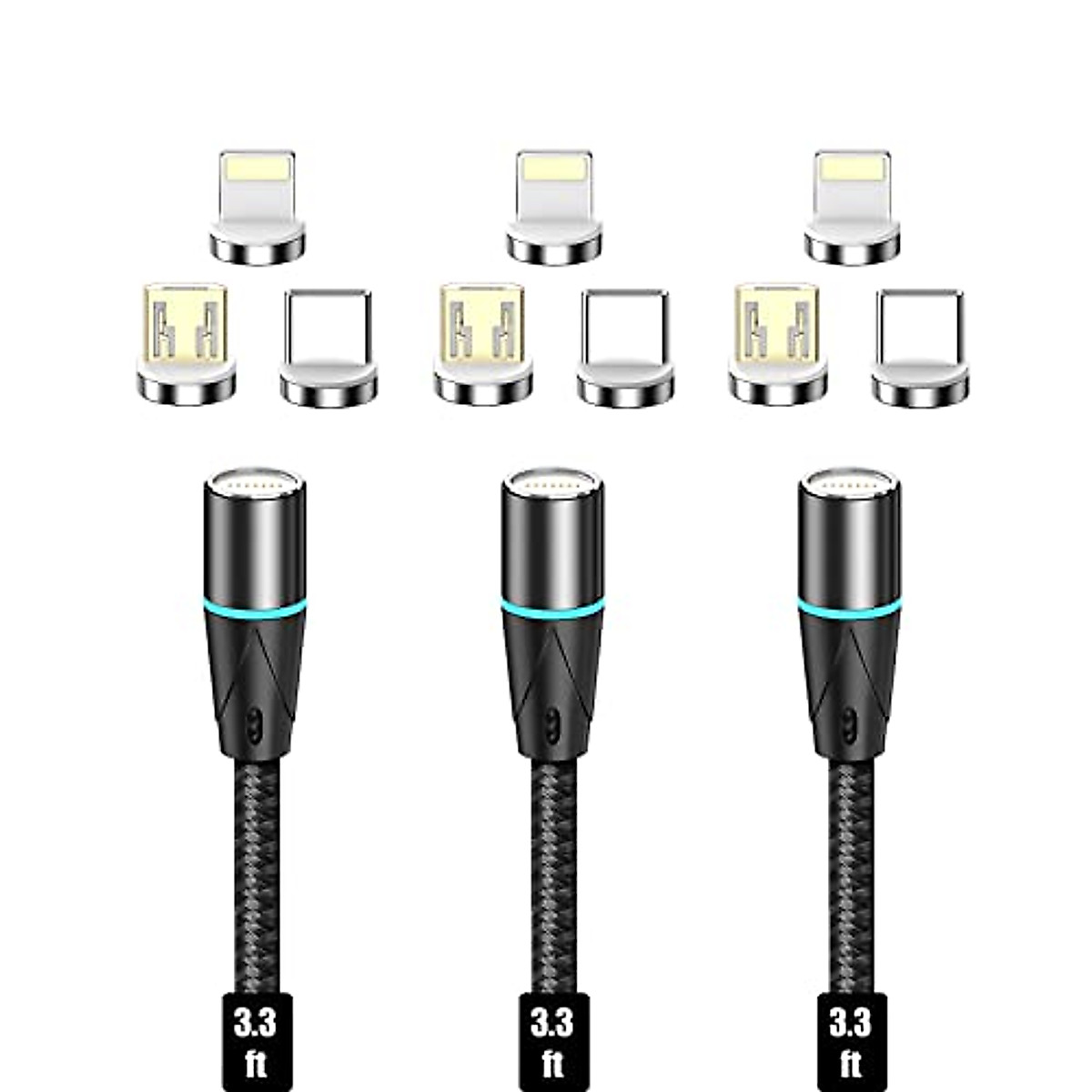 NetDot Magnetic Charging Cable,3in1 Gen12 (3.3ft/3 Pack Black) 18W Fast Charging Magnetic Phone Charger and Data Transfer Magnetic Charger for USB-C,Micro USB and i-Product