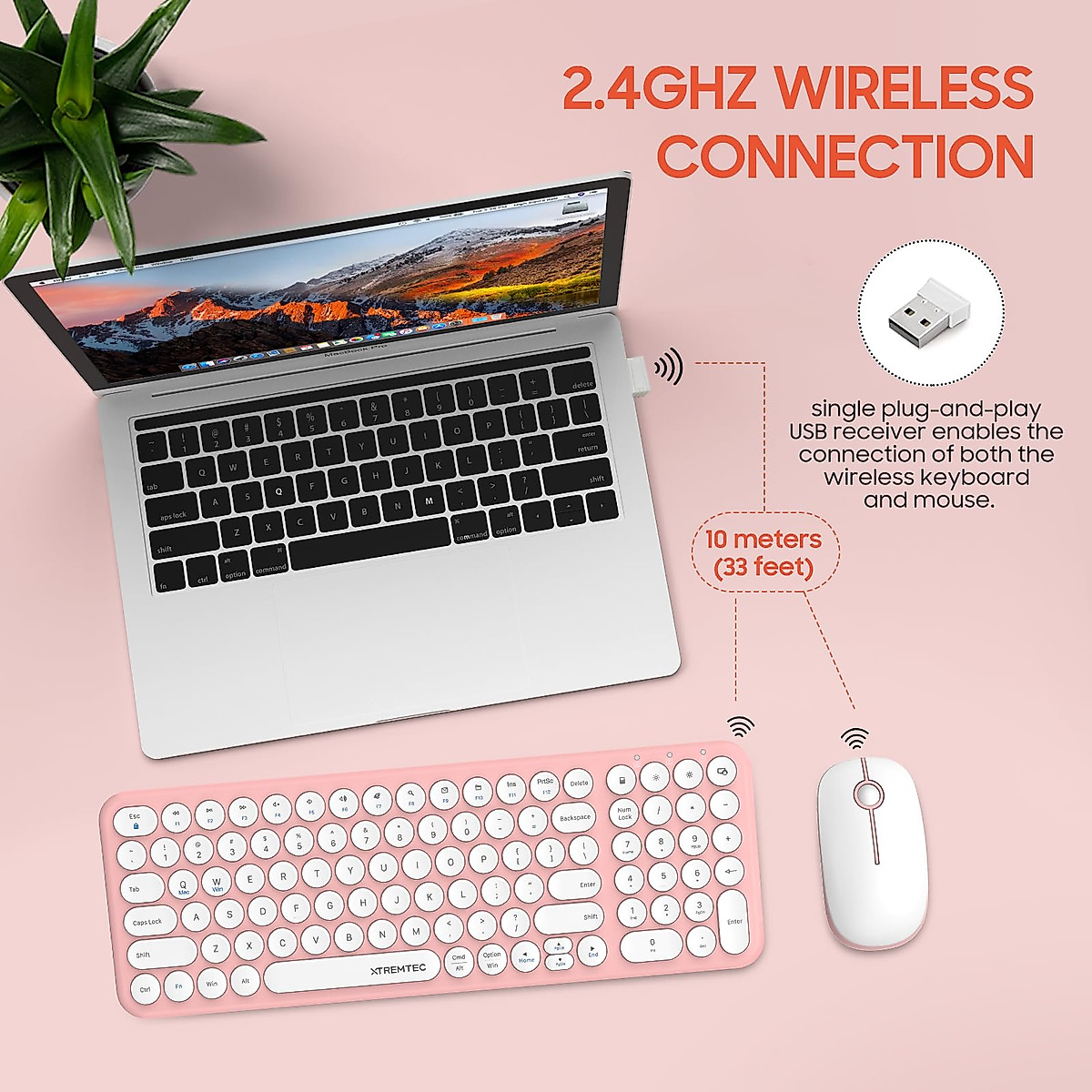 Wireless Keyboard and Mouse Combo, XTREMTEC Cute Compact Keyboard Pink Retro Round Keycap, Ultra Thin Quiet 2.4GHz Retro Kawaii Keyboard for Mac/PC/Laptop (Sakura Pink)