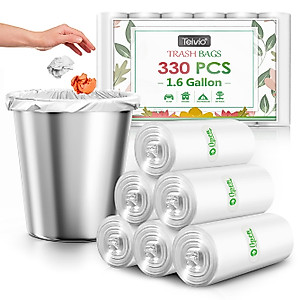 1.6 Gallon 330 Counts Strong Trash Bags Garbage Bags by Teivio, Bathroom Trash Can Bin Liners, Plastic Bags for home office kitchen, Clear