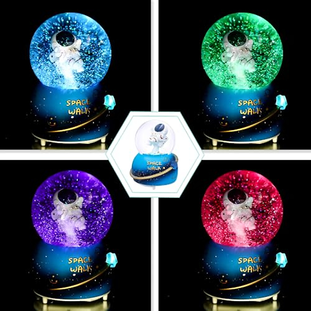 Snow Globe Astronaut Christmas Snow Globes for Kids with Automatic Snow, Music, Colorful Lights (Blue)