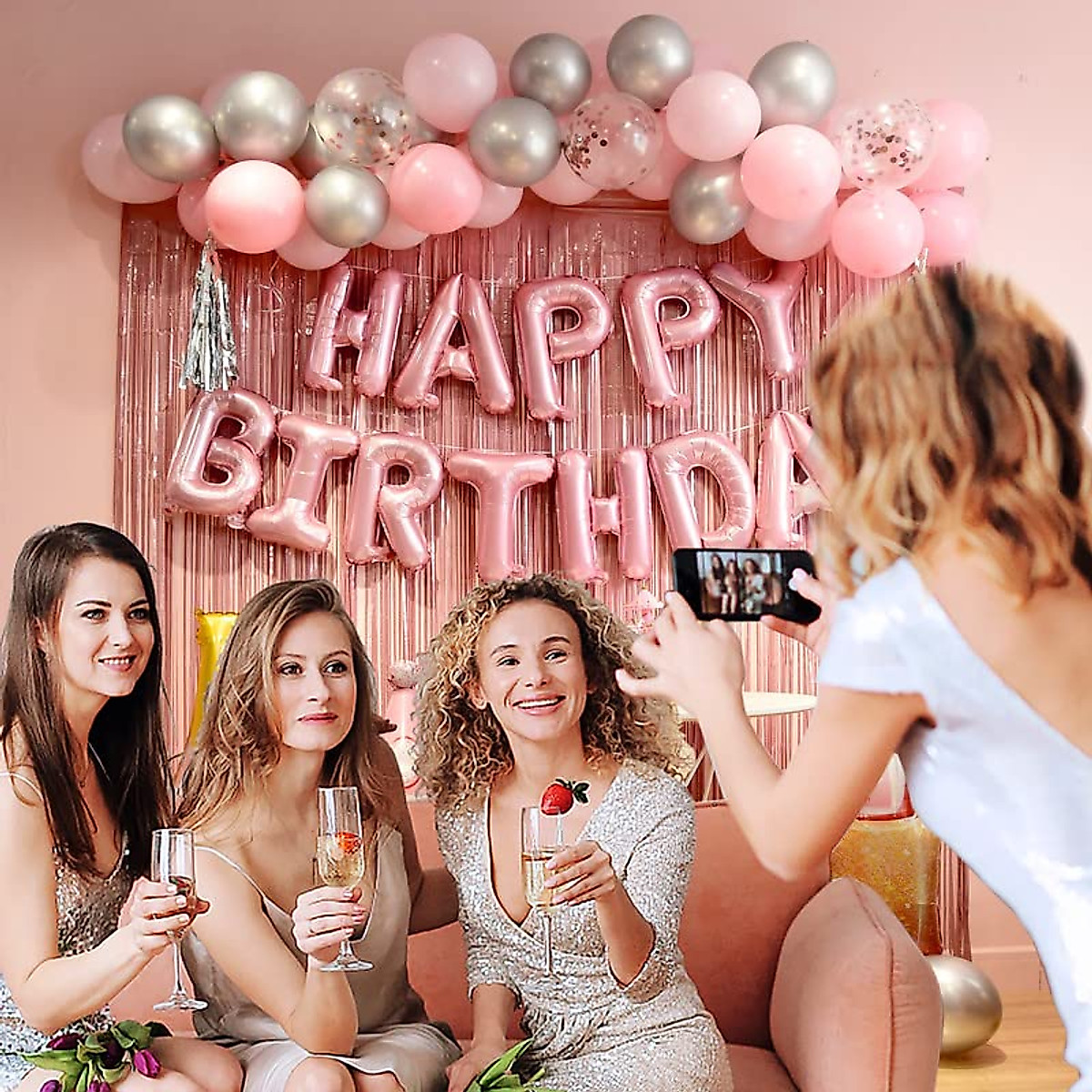 pink birthday decorations for women ，happy birthday party decorations for girls，pink Fringe Curtain，happy birthday banner，happy birthday balloon，happy birthday balloon letters