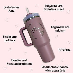 Customized Engraved Personalized 40oz Insulated Tumbler Cup Mug with Handle and Straw, Custom Name Text Logo Laser Engraving Birth Flower Monogram Gift (Initial Monogram with Custom Text)