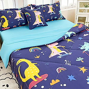 Megamayga Dinosaur Bedding Full Size for Boys 6 Pieces Dinosaur Comforter Set Full for Kids Bed in A Bag Comforter Set with Blue Sheets Stars Rainbow Print 3D Dino Bedding Skateboard Dinosaur Bed Set