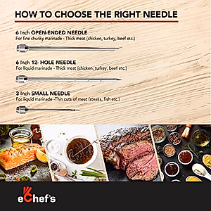 eChef's Meat Injector - 304 Stainless Steel, Meat Injector Syringe with Case, 2-oz Large Meat Injectors for Smoking, 3 Marinade Injector Needles for BBQ Grill, Magnetic Meat Smoking Guide