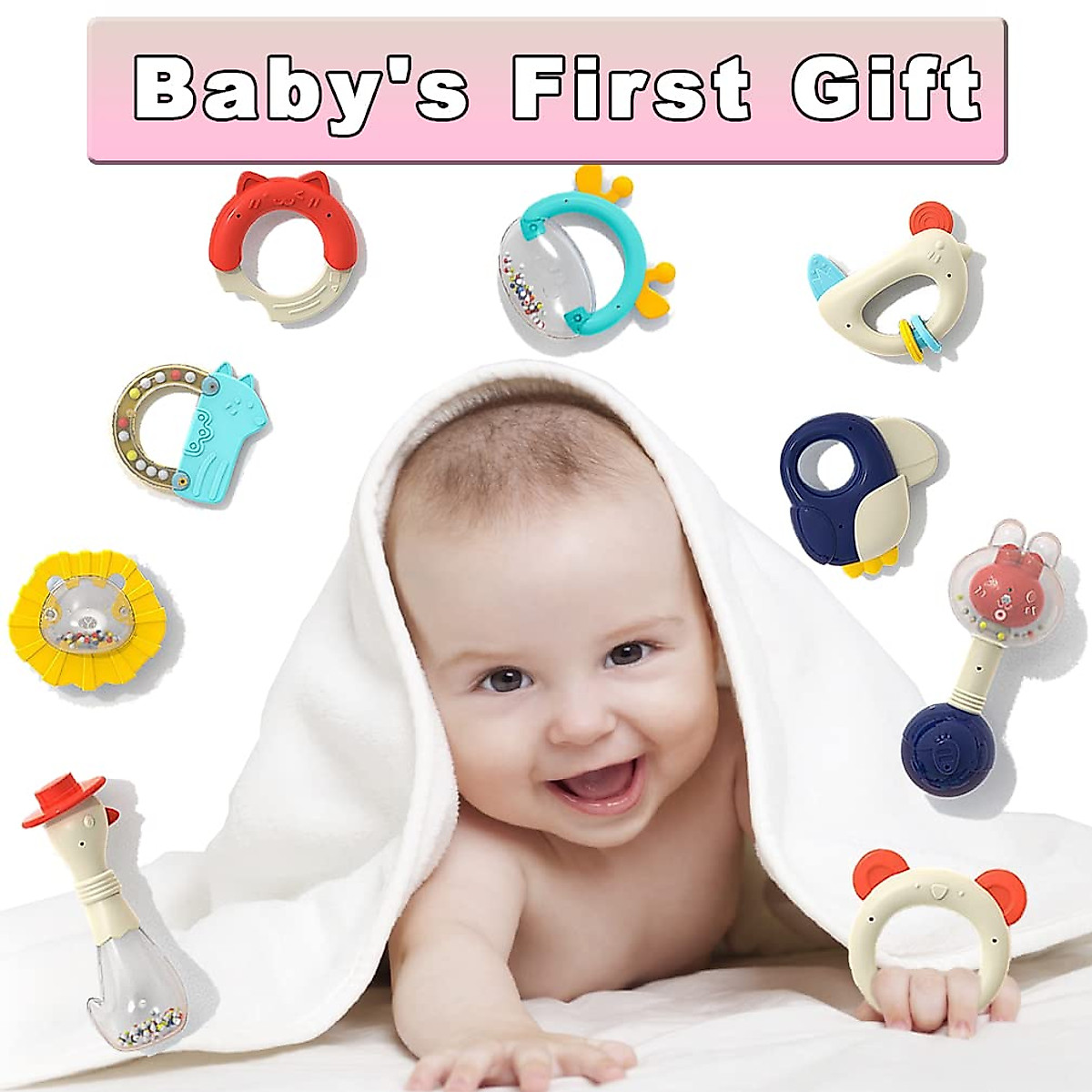 10pcs Baby Rattles, Teething Toys for Babies 6-12 Months, Newborn Baby Toys Musical Hand Drum Storage Box Early Educational Infant Grab Toy Baby Essentials, Birthday Present for 0-6