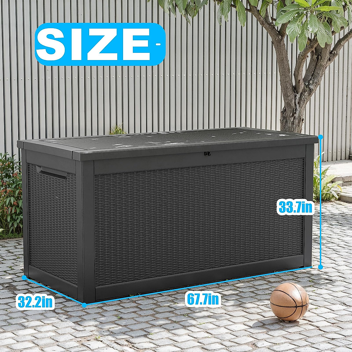 WIILAYOK 260 Gallon Deck Box, Outdoor Waterproof Resin Storage Box with Lockable Lid for Patio Cushions, Pool Toys, Gardening Tools, Sports Equipment, Black