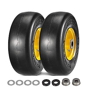 MaxAuto 2PCS 9x3.50-4" Flat Free Lawnmower Tire on Wheel, 3.5" Centered Hub, 3/4" Bushings(Universal Adapter Kit Include: 2pcs 5/8" Sintered Iron Bushings, 2pcs 1/4" Nylon Spacers, 4pcs Steel Washers)