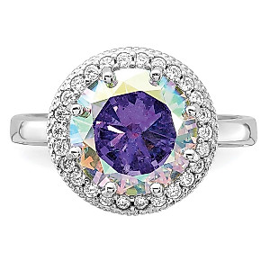 925 Sterling Silver Rhodium Plated Clear and Iridescent CZ Cubic Zirconia Simulated Diamond Round Halo Ring Size 8 Jewelry for Women
