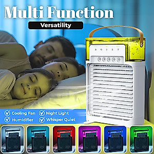 Portable Air Conditioner with Cooling Mist and Remote, Quiet comfort with 4 Speeds, XL 1200ml tank, Personal AC Fan with 5 Mists, 7 Night Lights, 2, 4, 6, 8H Timer, for Home, Office, White
