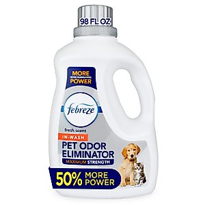 Febreze Laundry Detergent Additive for Pet Supplies, Maximum Strength In Wash Pet Odor Eliminator, Designed to Remove Tough Odors in Fabrics and Clothing in a Single Wash, Fresh Scent, 98 fl oz