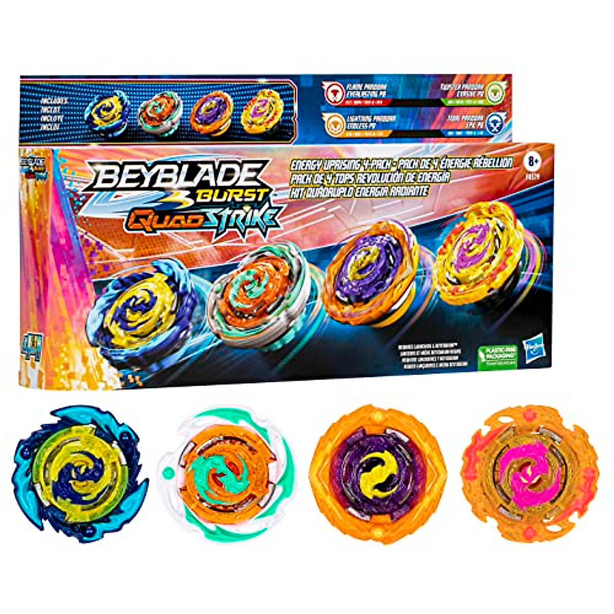 BEYBLADE Burst QuadStrike Energy Uprising 4-Pack with 4 Spinning Tops, Battle Toy Tops, Kid Toys for Ages 8 and Up