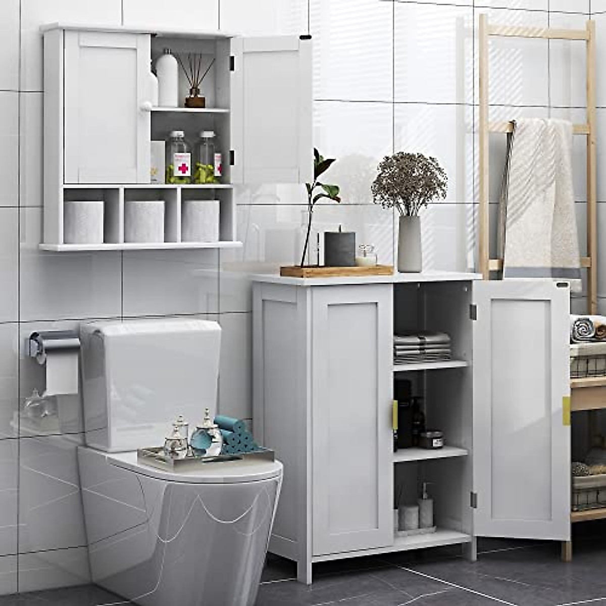 TaoHFE White Bathroom Wall Cabinet and White Bathroom Storage Cabinet Set,Towel Cabinet for Bathroom Floor Cabinet and Bathroom Medicine Cabinet Set