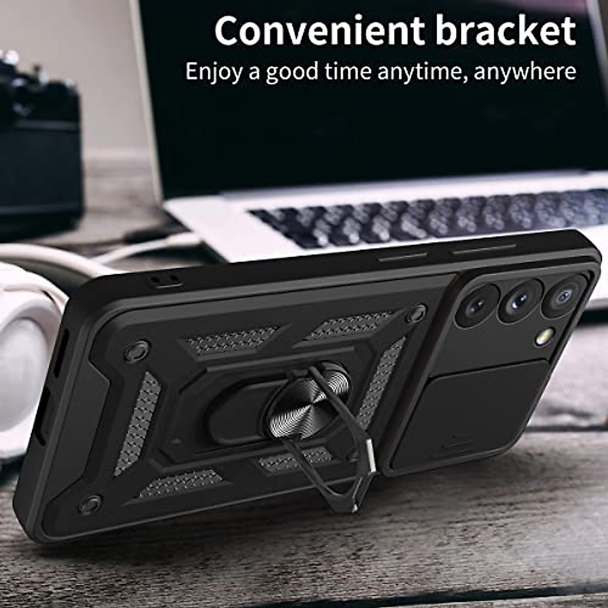 CCSmall Case for Samsung Galaxy S23 5G with Slide Camera Cover, Military Grade Drop Protective Phone Cover Case with Ring Kickstand for Samsung Galaxy S23 5G SJ Black