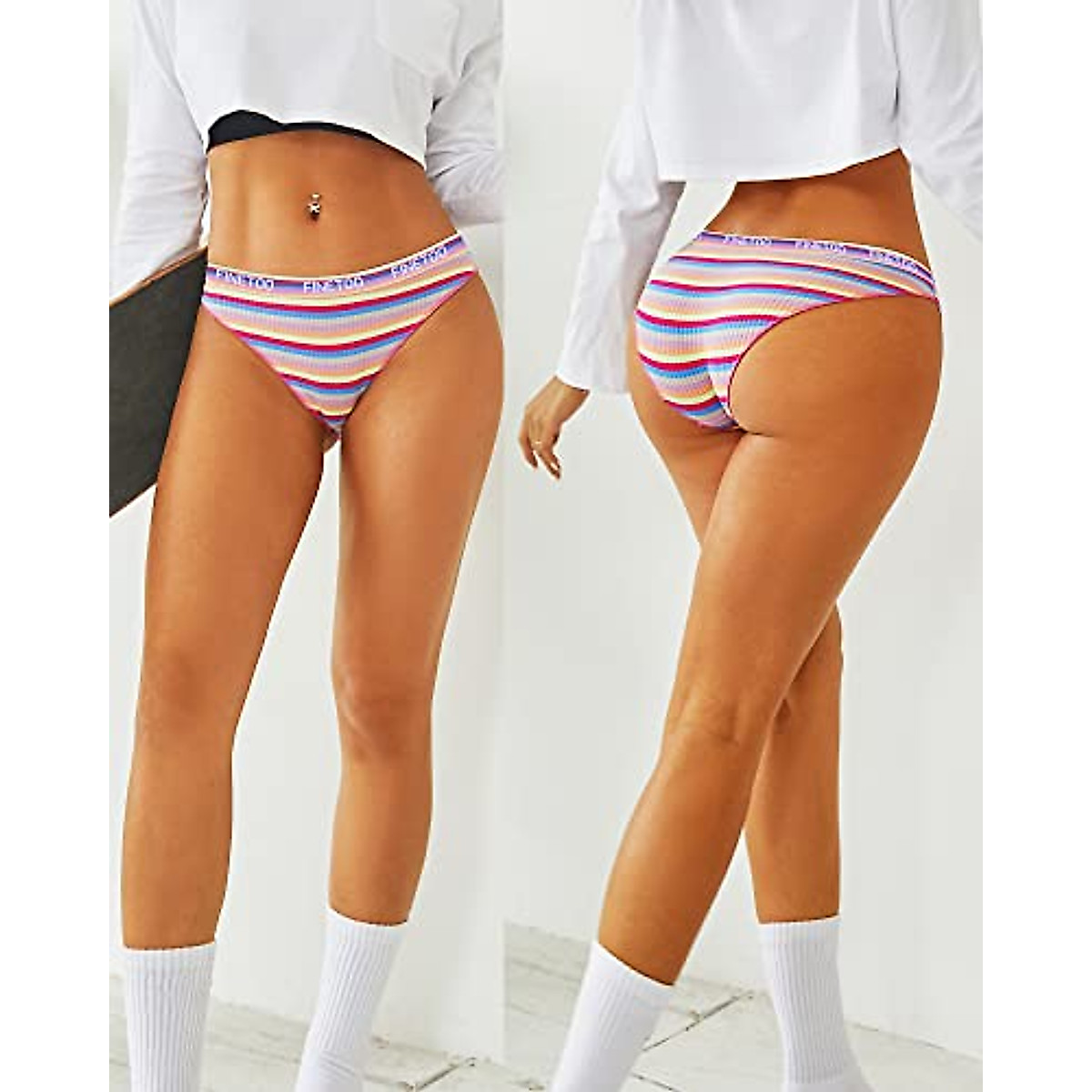 FINETOO Cotton Underwear for Women Cheeky High Cut Colorful Stripes Sexy Ladies Hipster Bikini Panties Pack S-XL