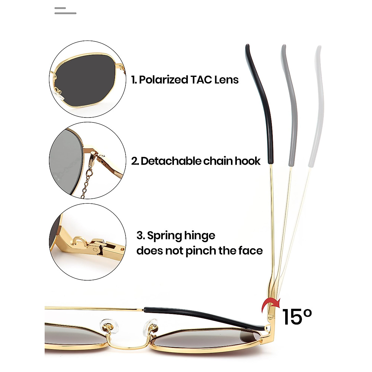 Veda Tinda Vision Hexagon Sunglasses for Women Men Trendy Black Retro Polygon Polarized TAC Lens Metal Frame UV400 Polarized Protection With Eyeglasses Chain C05S01