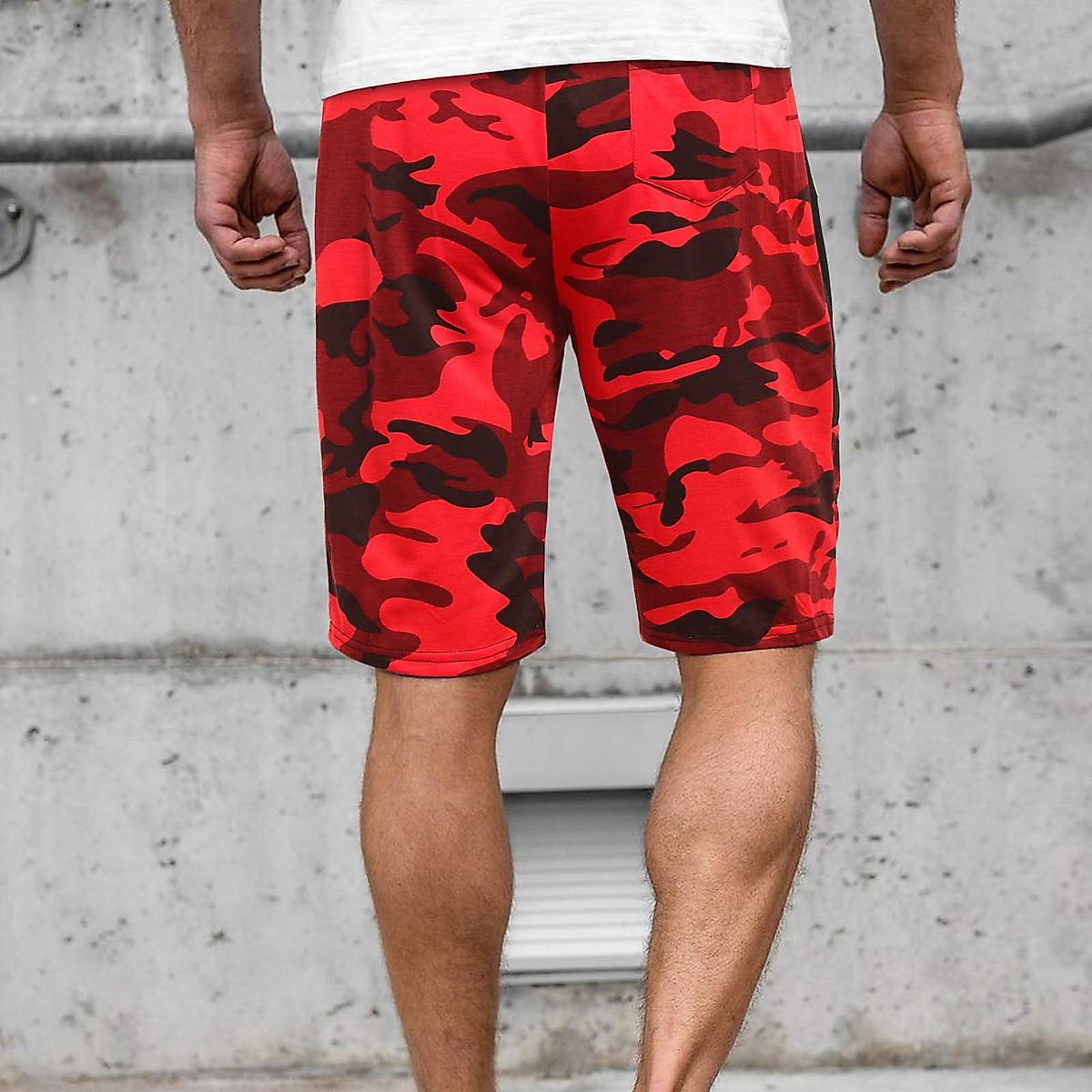 Men's Cargo Short Summer Casual Fitness Bodybuilding Camouflage Print Workout Shorts(Red, XXL)