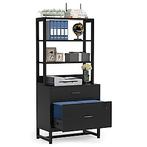 Tribesigns 2 Drawer Vertical File Cabinet with Lock & Bookshelf, Letter Size Large Modern Filing Cabinet Printer Stand with Open Storage Shelves for Home Office, Black