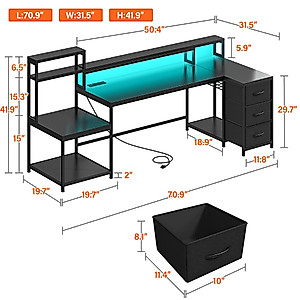 EnHomee 70.9" L Shaped Gaming Desk with Drawers Reversible L Shaped Computer Desk with Power Outlet & LED Lights Home Office Desk with Storage Shelves and Monitor Stand Corner Desk, Black Carbon Fiber