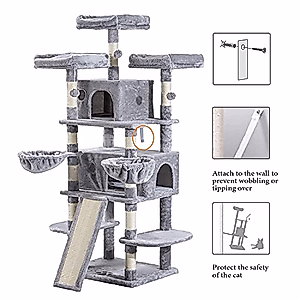 IMUsee 68 Inches Multi-Level Large Cat Tree for Large Cats/Big Cat Tower with Cat Condo/Cozy Plush Cat Perches/Sisal Scratching Posts and Hammocks/Cat Activity Center Play House/Grey
