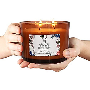 JHENG Large Citronella Candles Outdoor Indoor Candle Made with Natural Soy | 3 Wick Scented Candles Long Lasting 40 Hour Burn | 13.5 Ounces Highly Scented Aromatherapy Candles for Home