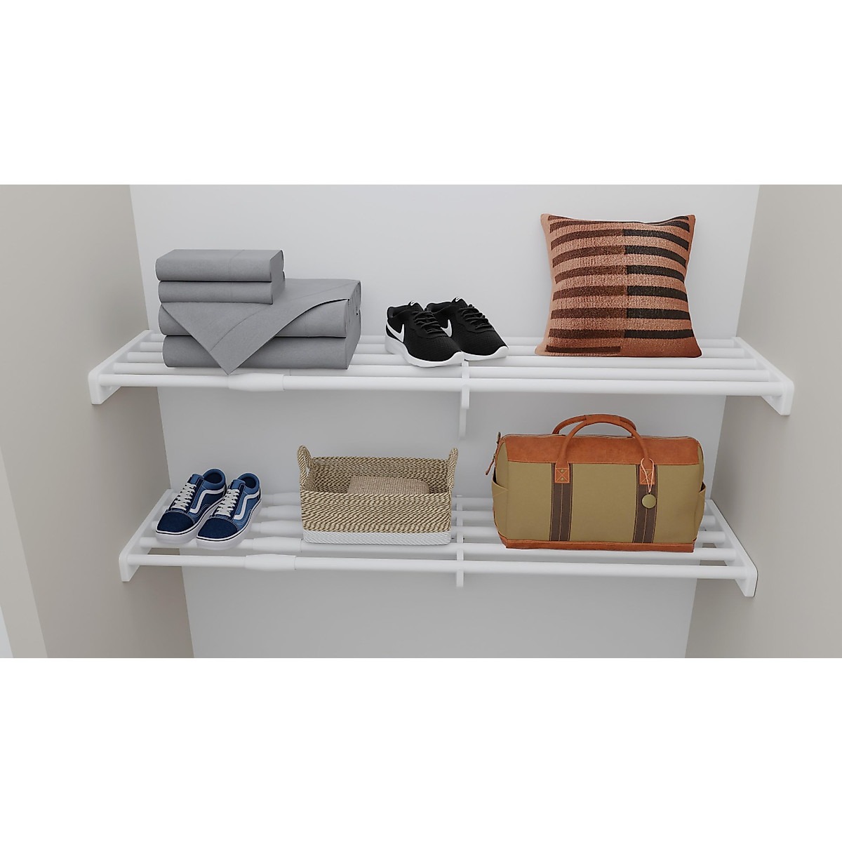 EZ Shelf - DIY Expandable Closet Shelf (NO Hanging Rod) - 40.5” to 73” - White - Easy to Install to 2 Sidewalls -(EZS-SW72)- Wire Closet Shelving Alternative