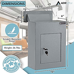 AdirOffice Through The Wall Drop Box Safe - Durable Thick Steel w/Adjustable Chute - Mail Vault for Home Office Hotel Apartment Grey