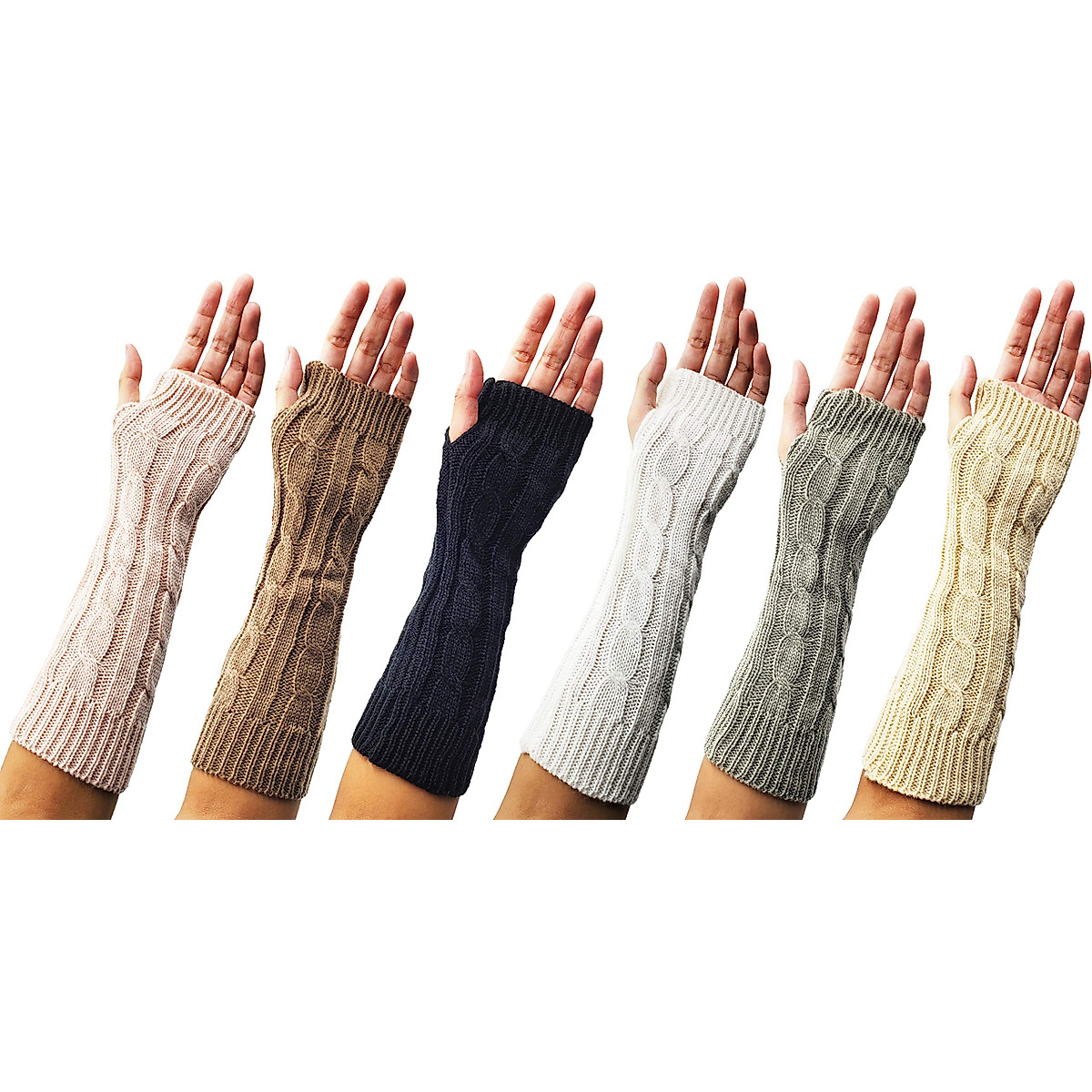 Arm Warmers, 6 Pairs for Women, Cable Knit Warm Winter Sleeve Fingerless Gloves, Premium (Assorted A)