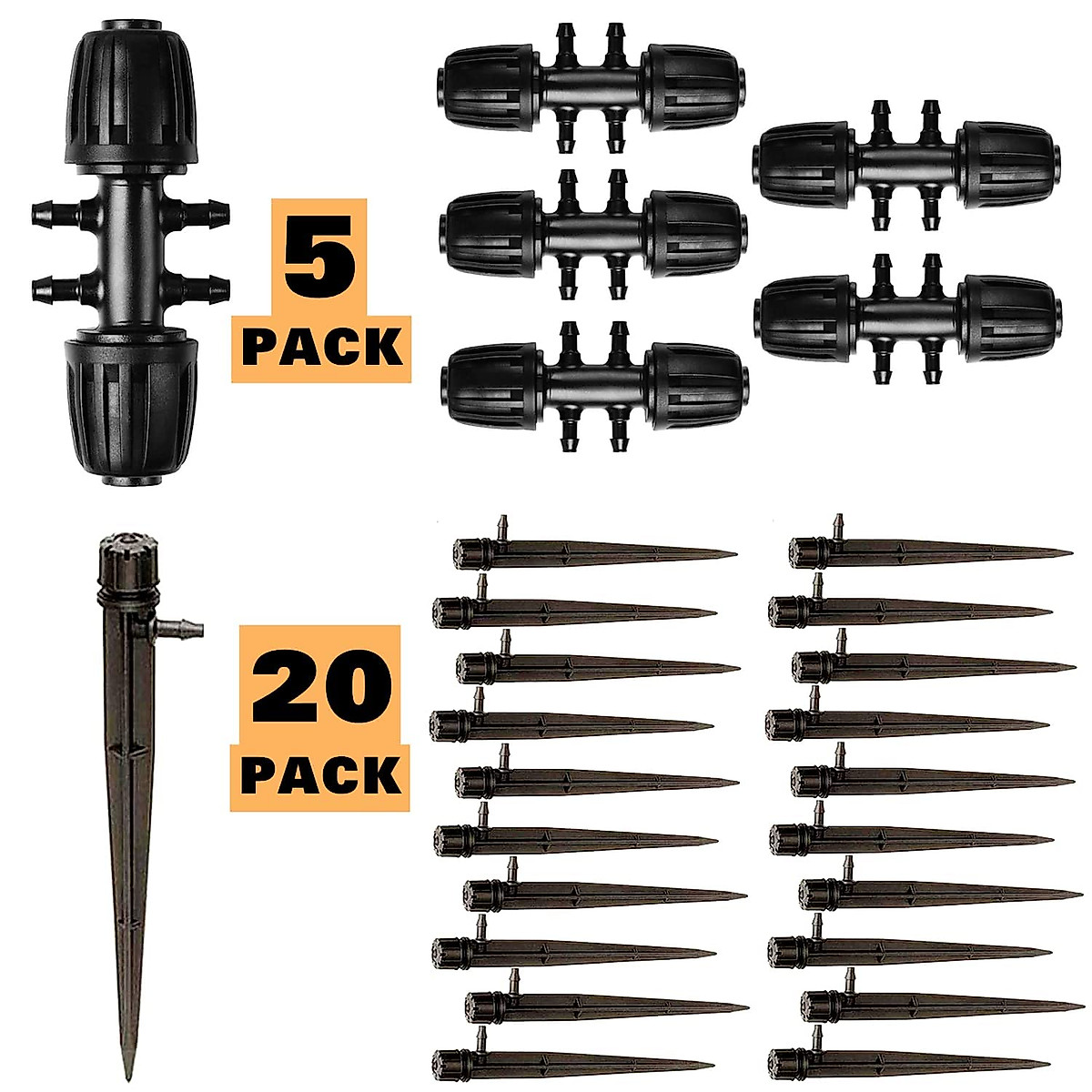 25PCS Drip Irrigation Kits, 5 Barbed Tee 1/2 inch to 1/4 inch Irrigation Tube Variable Diameter Six-Way Adapter and 20 Dripper Emitters Sprayer for 4mm/7mm Hose with Stake Water Flow Adjustable