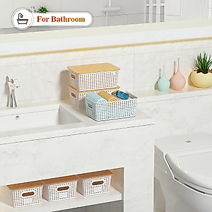 Plastic Storage Baskets With Bamboo Lid - Plastic Storage Containers Stackable Storage bins: Storage Baskets for Organizing Shelves Drawers Desktop Closet Playroom Classroom Office, 6 Pack