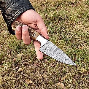 Knife4U Damascus Hunting Knife With Sheath|8"Best Camping,Hiking,Tactical,Survival Knife For Men|EDC Bushcraft Accessories Tool|Sharp Blade With Natural Handle And Knife Display Box (Rams Horn)