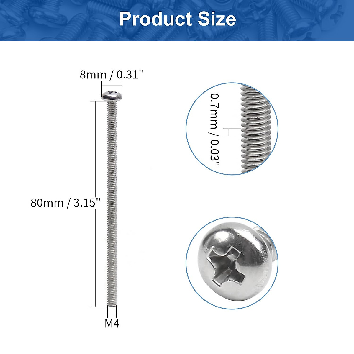 MroMax 10Pcs M4 x 80mm Pan Head Phillips Machine Screws, 304 Stainless Steel 18-8, Fully Thread, Metric Silver Gray Cross Head Screws Bolts for Cabinet Drawer Knob Pull Handle