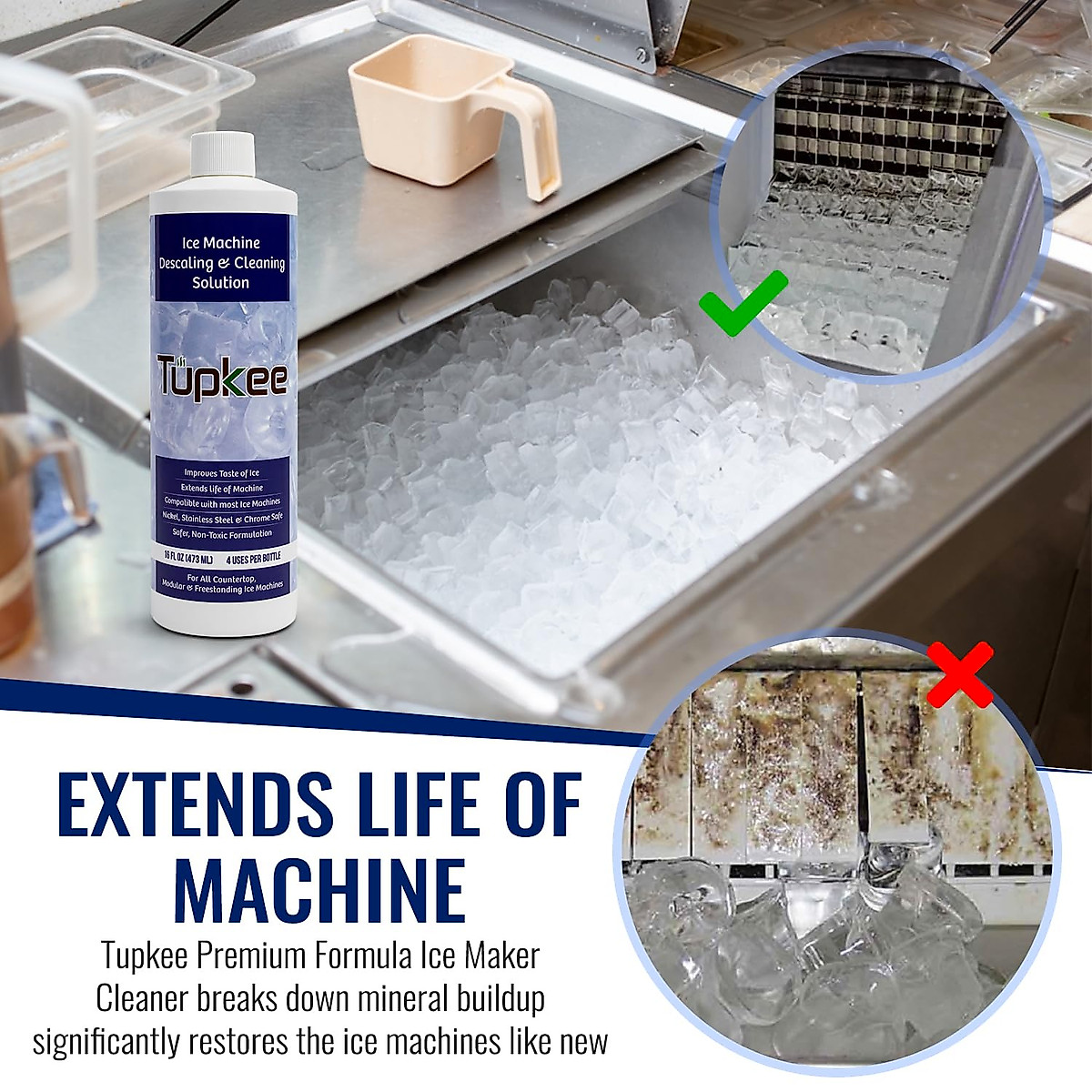 Tupkee Ice Machine Cleaner and Descaler - 16 fl oz, Nickel Safe Ice Maker Cleaner - Compatible with All Major Brands (Scotsman, KitchenAid, Affresh) - Made in USA