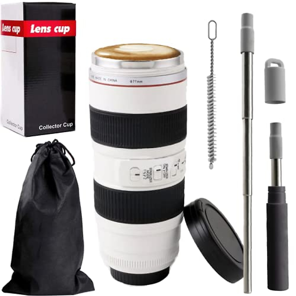 THUMB UP Camera Lens Coffee Mug,Camera Lens Mug,Fun Photo Coffee Mugs Stainless Steel Lens Mug Thermos Great Gifts for Photographers,Home Supplies,Friends,School Rewards (White)