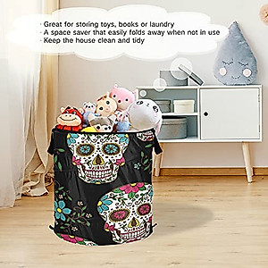 xigua Sugar Skull Flower Popup Laundry Hamper, Foldable Portable Dirty Clothes Basket with Zipper Lid, Dirty Clothes Hamper for Bedroom, Kids Room, Dormitory