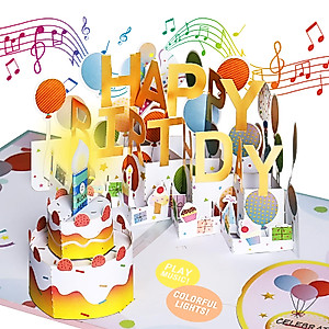 Musical Birthday Card, Blowable LED Light 3D Birthday Cake Popup Cards & Play Music Birthday Cards, Blow out Light and Cheers 'Happy Birthday' Funny Birthday Cards for Women Men Kids Husband Mom