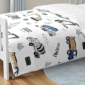 Sweet Jojo Designs Construction Truck Boy Toddler Kid Bedding Set - Childrens 5 Pieces Comforter, Sham and Sheets - Grey Yellow Black Blue and Green Transportation Chevron Arrow