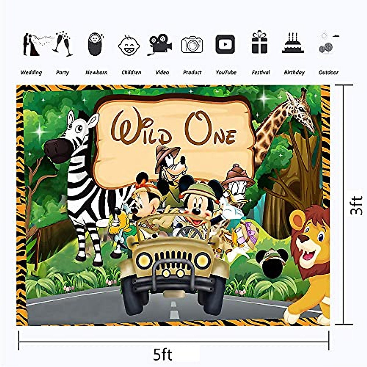 YouRan Mickey Mouse Jungle Safari Party Themed Backdrop 5xft Wild One Safari Mickey Mouse Truck Background Baby Shower Vinyl Jungle Forest Birthday Party Supplies