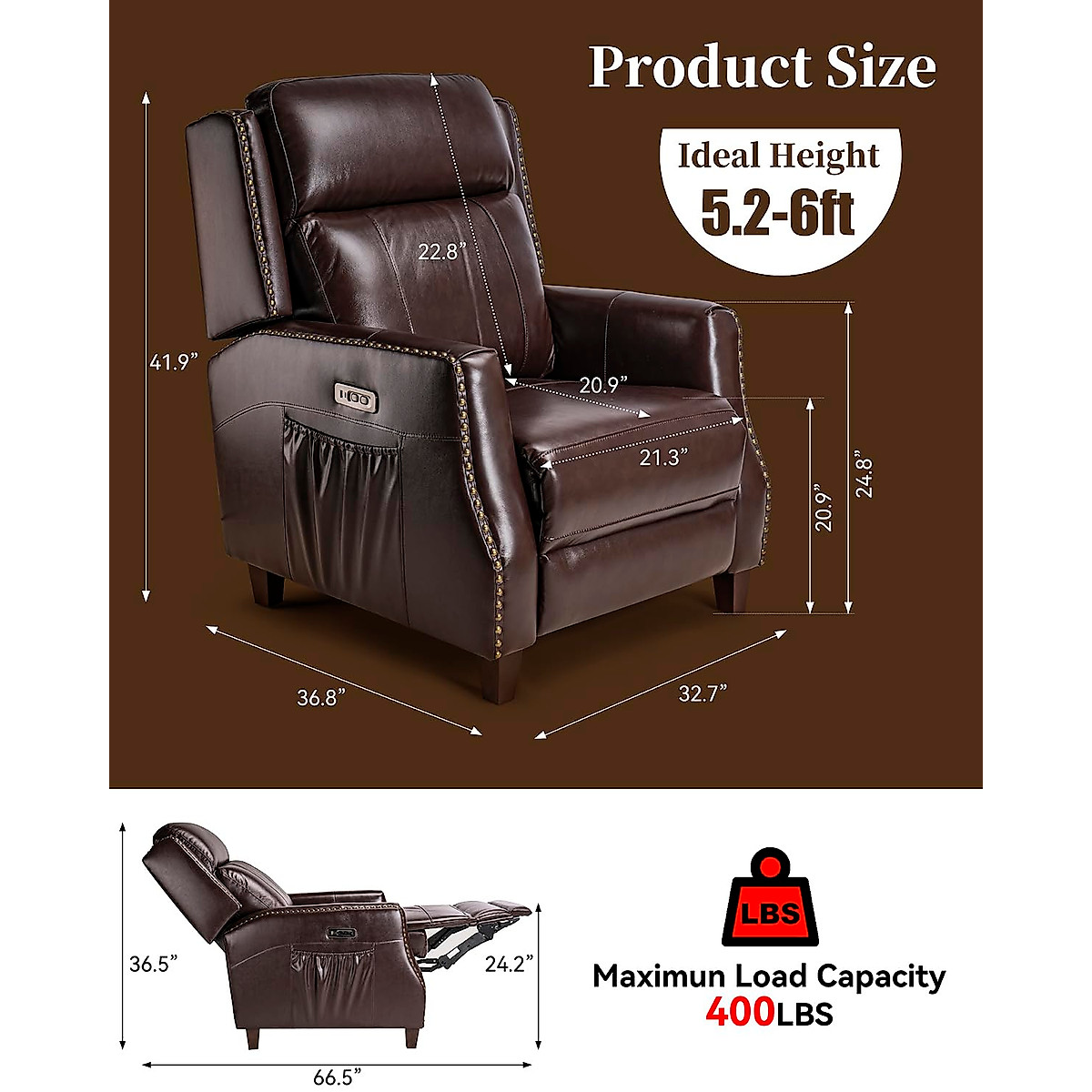 Genuine Leather Recliner Chair, Lounge Chair Built-in High Elastic Sponge, Power Recliner Chair for Living Room, Home Theater, Bedroom, Office - Dark Brown
