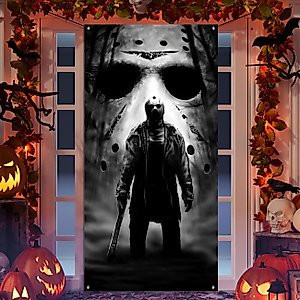 Halloween Decorations Outdoor Scary Halloween Door Cover with Horror Movie Character Killer for Halloween Birthday Decor Halloween Party Supplies Door Banner