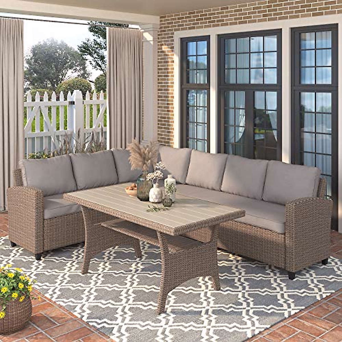 SIYAHOME PE Rattan Wicker Conversation, Weather Sectional Sofa Set with Table & Soft Cushions, Patio Outdoor Furniture, Brown