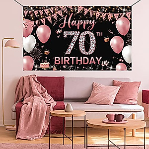 70th Birthday Decorations Backdrop Banner for Women, Rose Gold Happy 70th Birthday Decoration for Women, 70 Year Old Birthday Party Backdrop, 70th Birthday Theme Photo Props Fabric 6.1ft x 3.6ft PHXEY