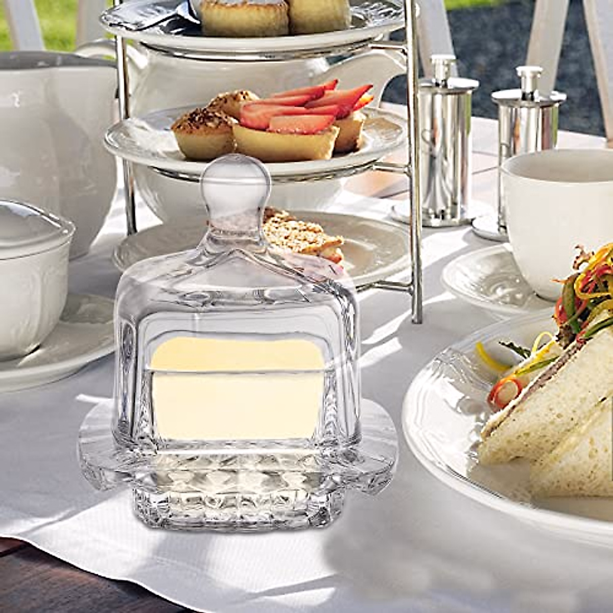 Frcctre 2 Pack Glass Butter Dish, Small Glass Butter Keeper with Dome Lid and Handle, Clear Covered Butter Serving Dish Decorative Crystal Mini Butter Container Butter Cloche