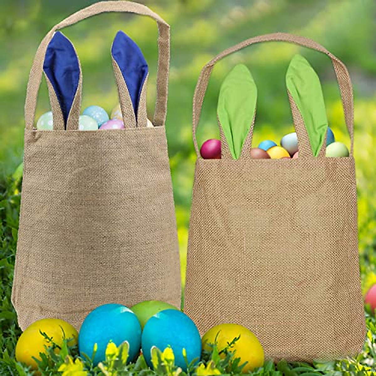 KEFAN 6 Pack Easter Bunny Bags Jute Burlap Bunny Ear Tote Baskets for Egg Hunting (Easter bags 05)