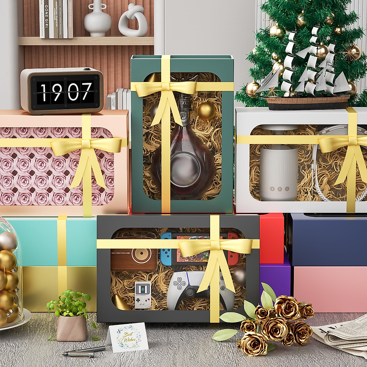 PSHVYM Large Gift Box with Window, 13.5x9x4.3 In Black Gift Box for Presents Magnetic Lids Collapsible for Groomsmen Proposal Box, Birthday, Graduation, Christmas, Contains Card, Ribbon