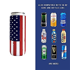 CANWELUX Can Coolers Sleeves, American Flag Koozies, Soft Insulated Reusable Drink Caddies, Patriotic Can Sleeve for Parties,Events or Weddings, (3 forms of US flag,12Pack)