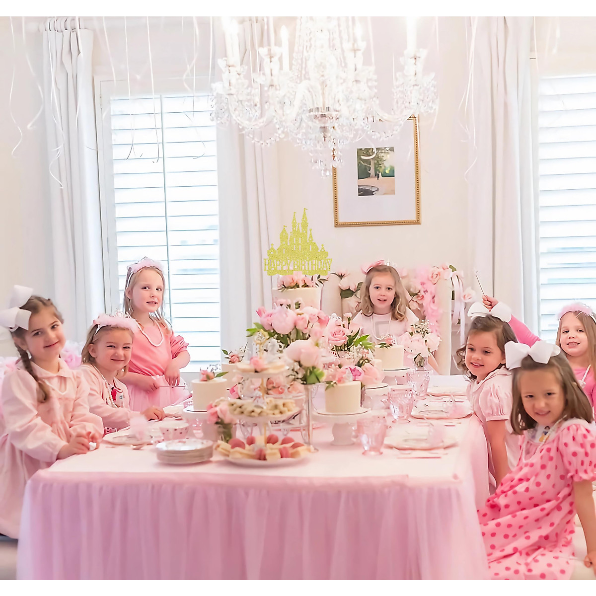 MYAMPED Castle Birthday Cake Topper - Double-Sided Gold Glitter Castle Themed Birthday Cake Decoration Supplies - Princess/Prince Birthday Cake Bunting Decor, Photo Booth Props