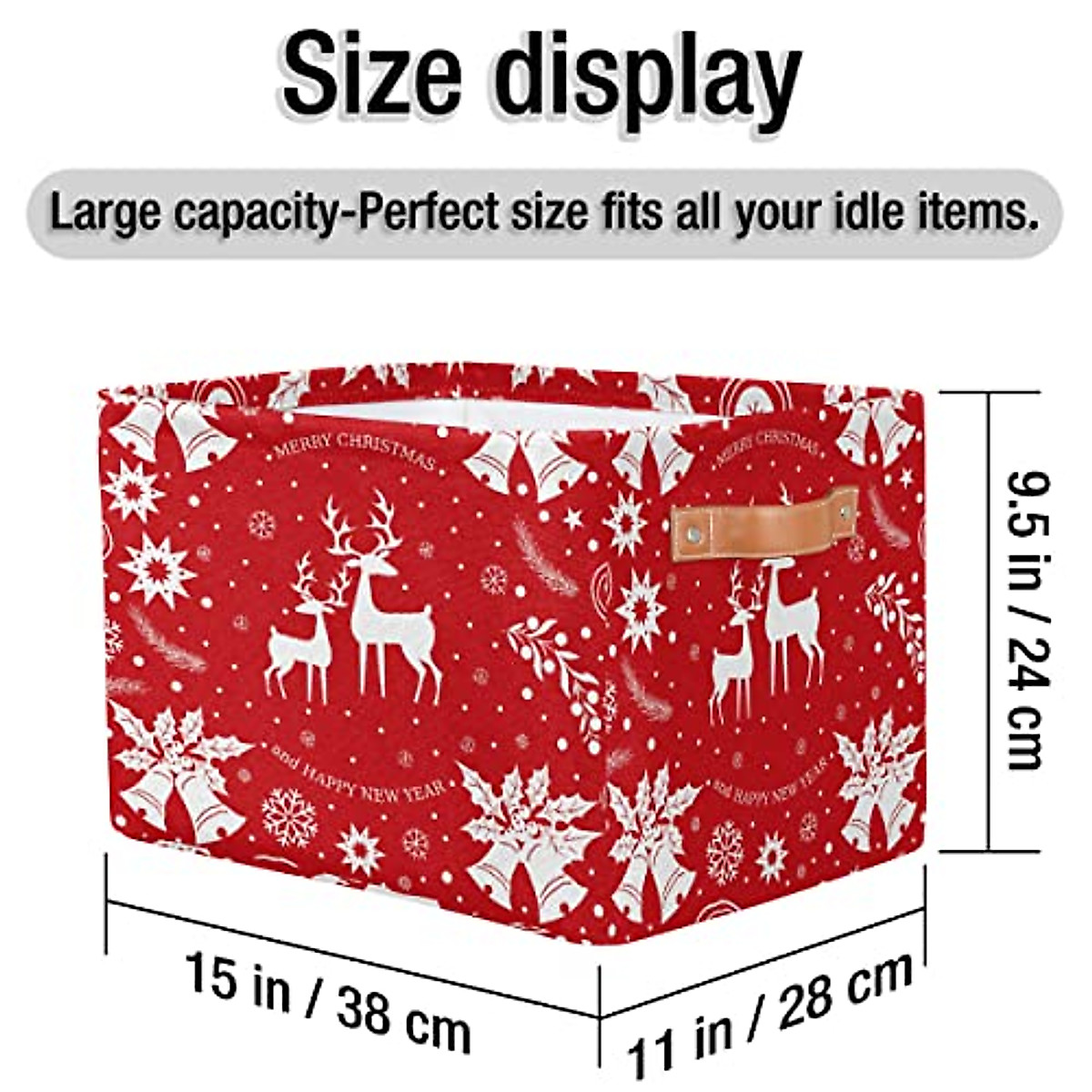 Cute Christmas Decor Storage Basket Bins Cubes Organizer Xmas Red and White Deer Foldable Storage Box with Leather Handles Collapsible Closet Storage Bins for Shelves Kids Toys Closets Nursery Bedroom