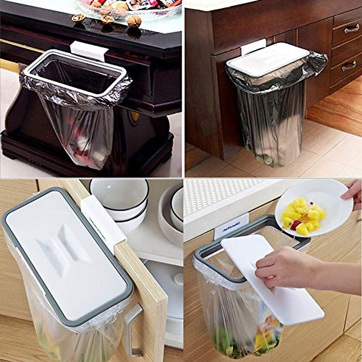 Hanging Trash Can Folded for Kitchen Cabinet Door, 2 Pcs Hanging Kitchen Waste Bins, Rubbish Rack Portable Hanging Organizer Trash Bag Holder with Lid