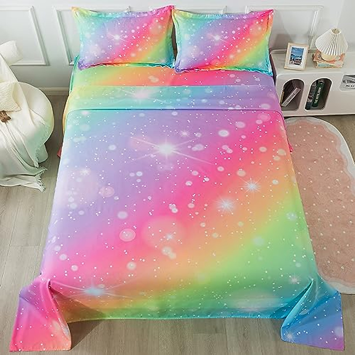 ADASMILE A & S Rainbow Fitted Sheet for Girls 4 Pieces Rainbow Sheets Full for Kids Tie Dye Pastel Glitter Rainbow Bed Sheet for Kids Teens Girls Rainbow Bedding for Girls Sheets with Sparkling Star